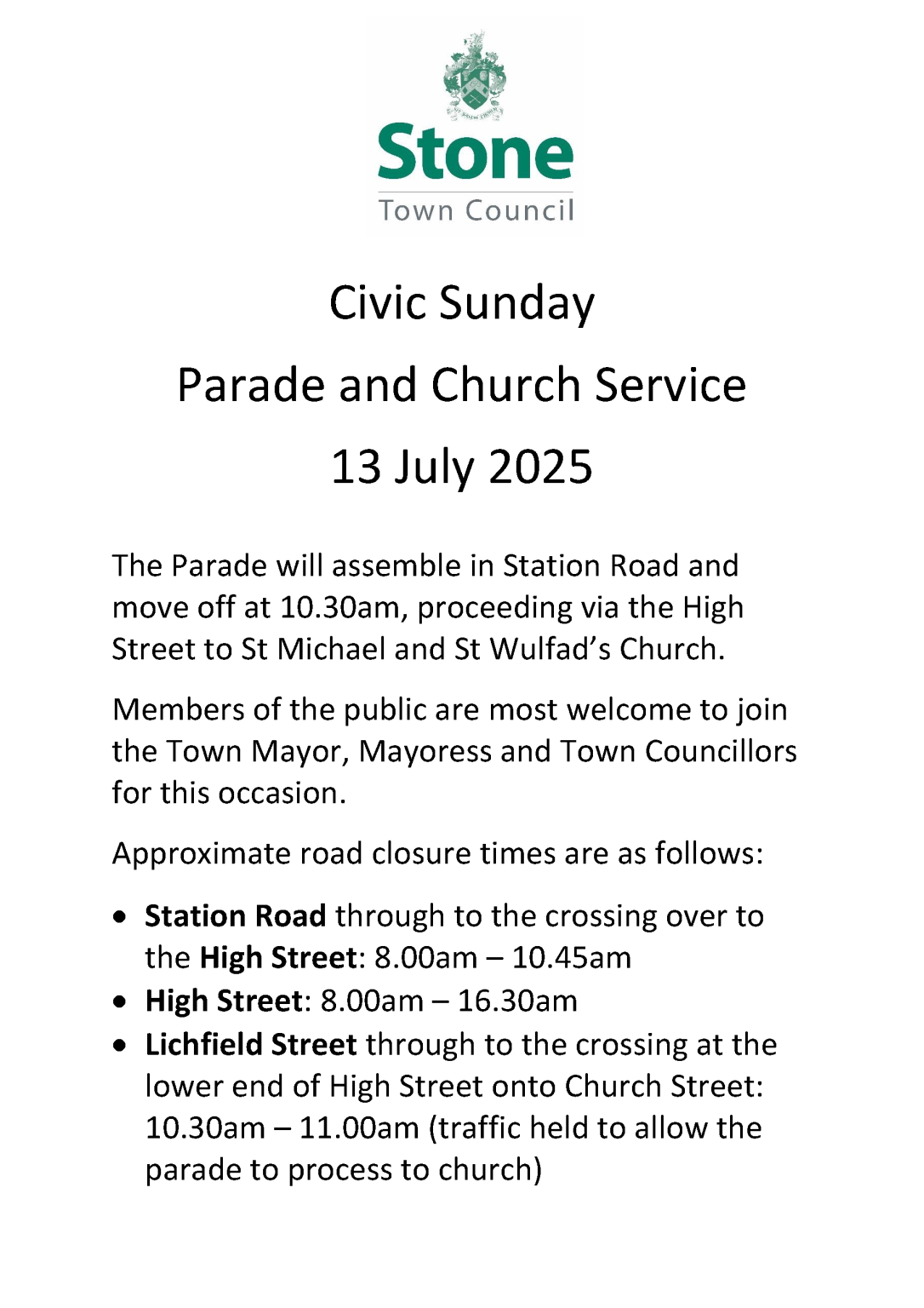 Civic Sunday Parade & Church Service in Stone on 13 July 2025 - Stone ...